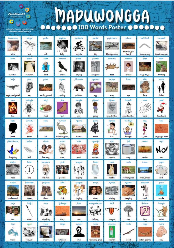100 Words in Maduwongga Poster – Goldfields Aboriginal Language Centre